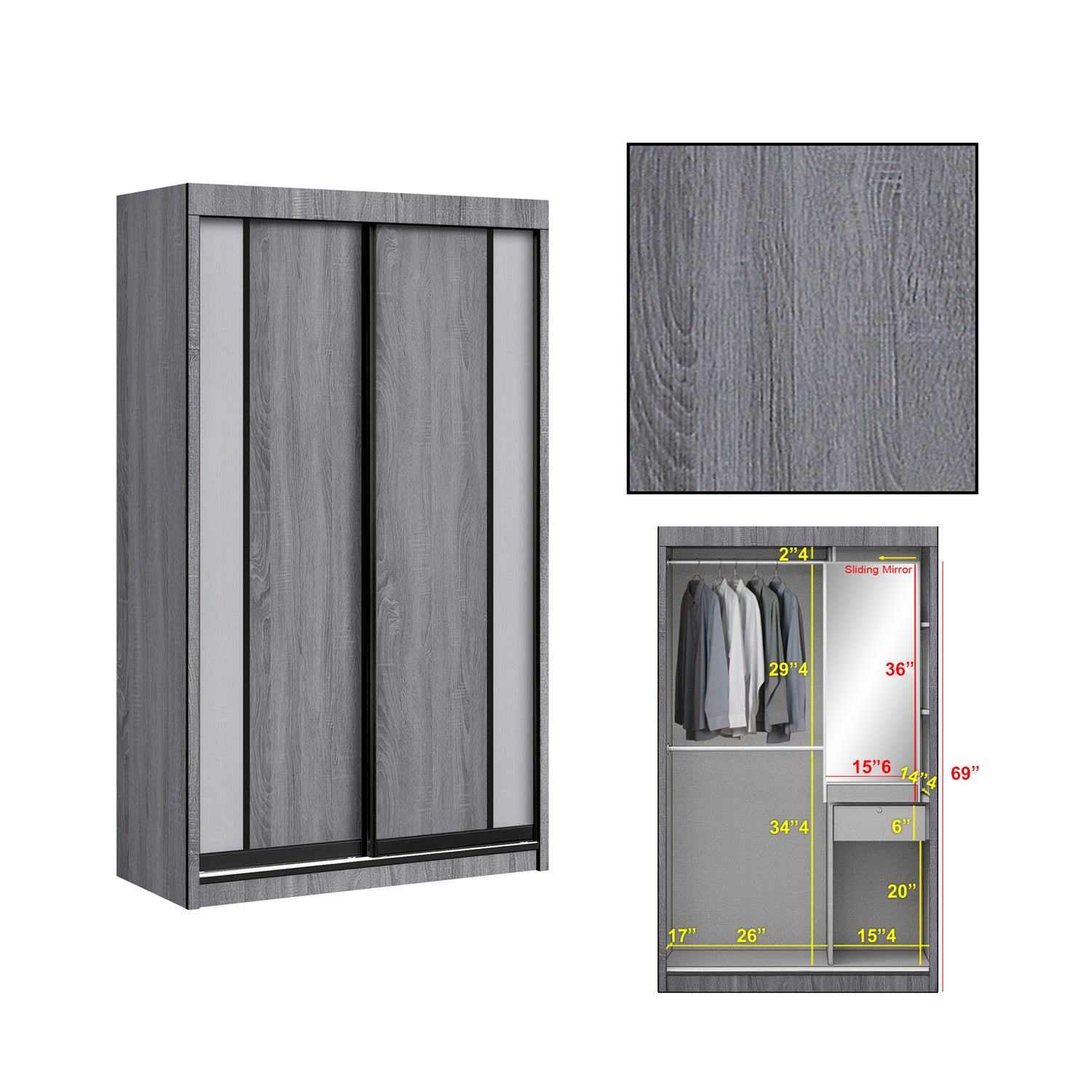 Lexi Series 3 2-Door Sliding Door Wardrobe with inside mirror ...