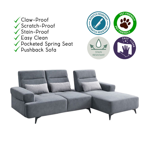 Puffie Pet-Friendly L-shaped Pushback Sofa Pocketed Spring Seat in Gre ...