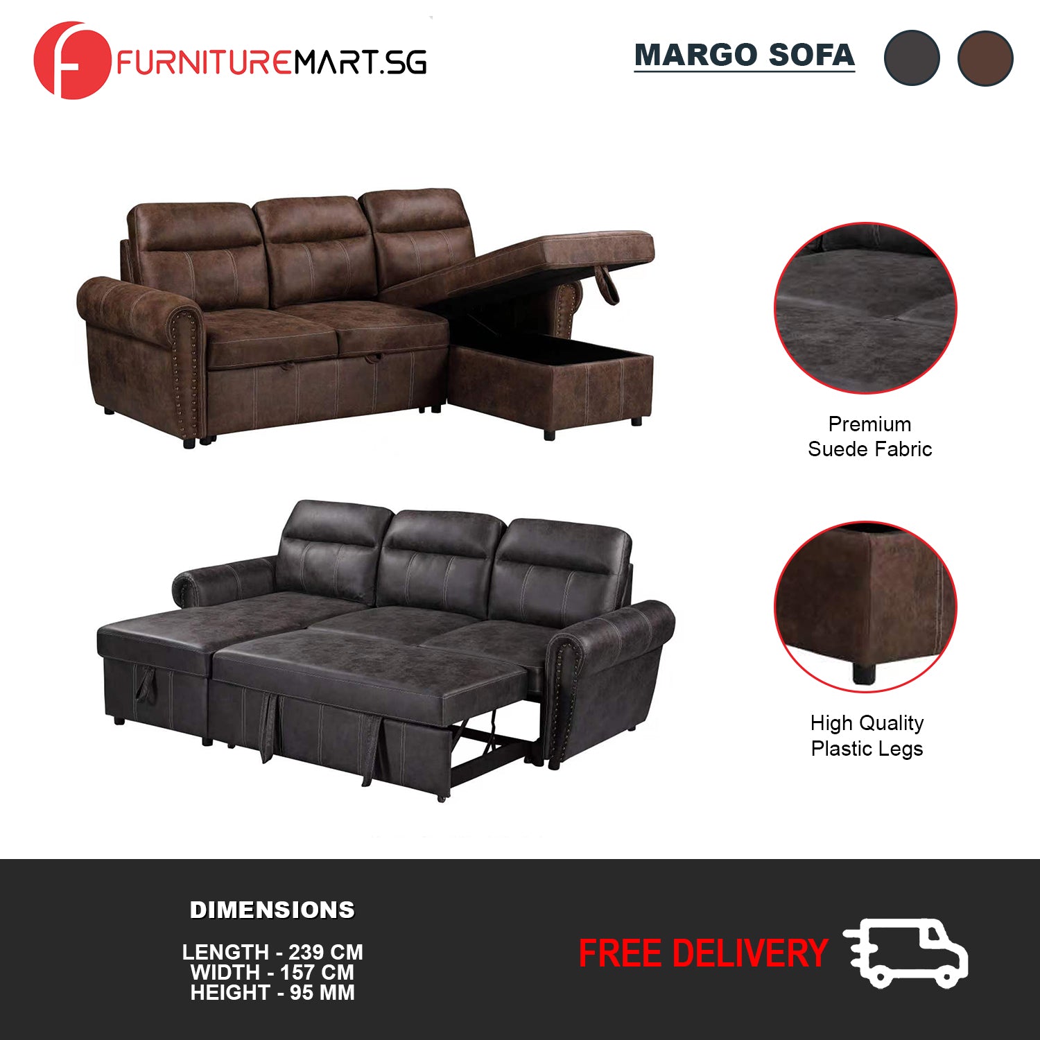 Margo Sleeper Sectional Reversible Sofa in Grey and Brown Suede Fabric ...