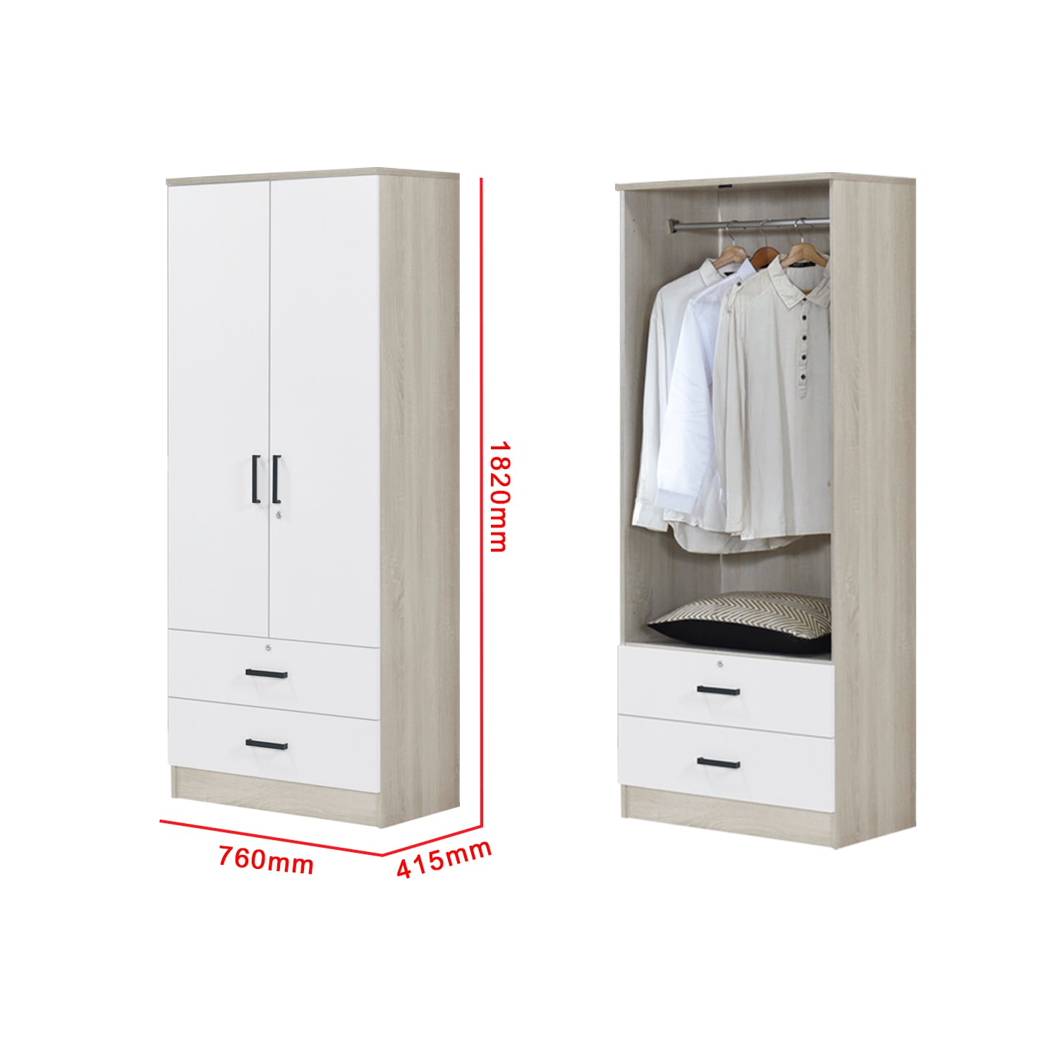 Poland Series 2 Door Wardrobe with Drawers in Natural & White Colour ...